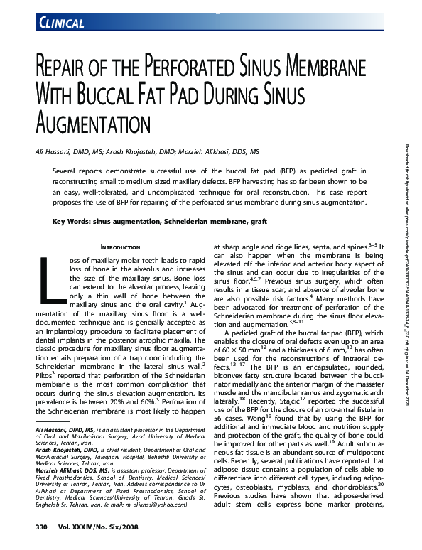 (PDF) Repair of the Perforated Sinus Membrane With Buccal Fat Pad ...