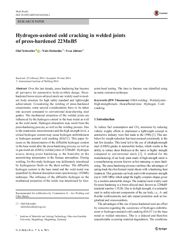 (PDF) Hydrogen-assisted cold cracking in welded joints of press-hardened 22MnB5