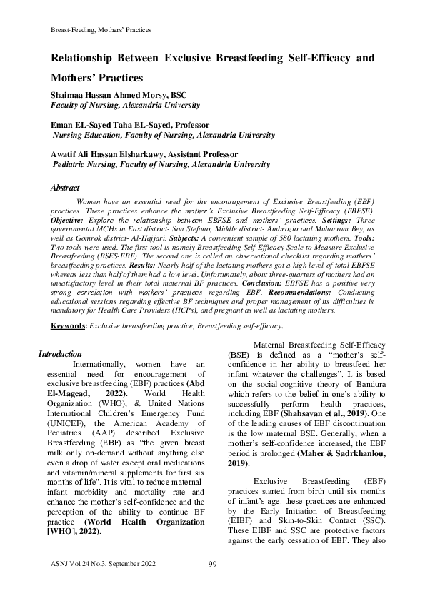 (PDF) Relationship Between Exclusive Breastfeeding Self-Efficacy and Mothers’ Practices