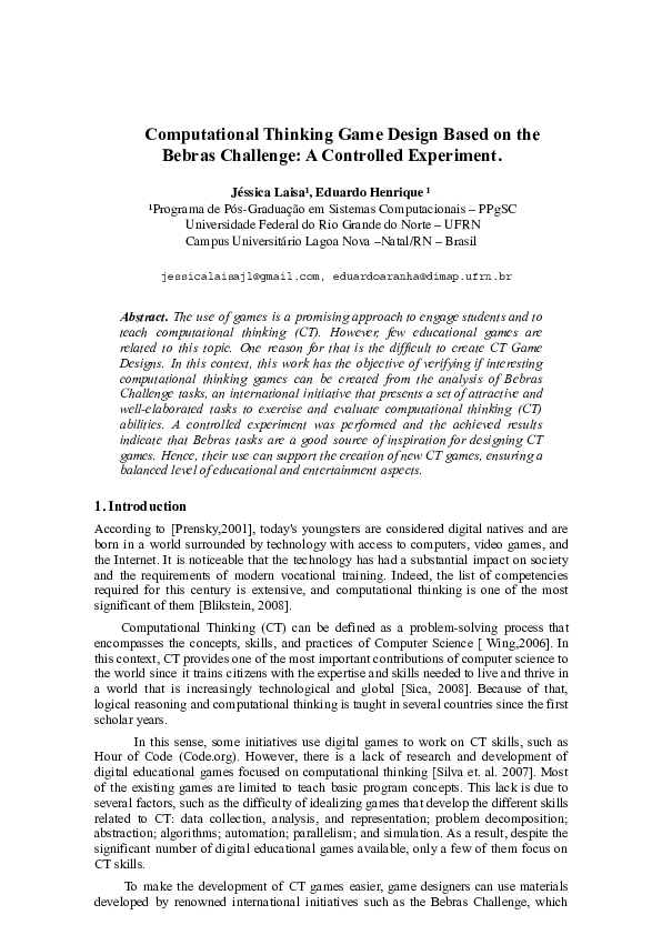 (PDF) Computational Thinking Game Design Based on the Bebras Challenge ...