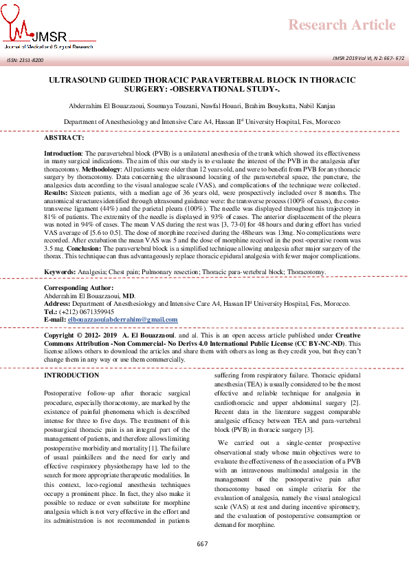 Pdf Ultrasound Guided Paravertebral Block In Thoracotomy