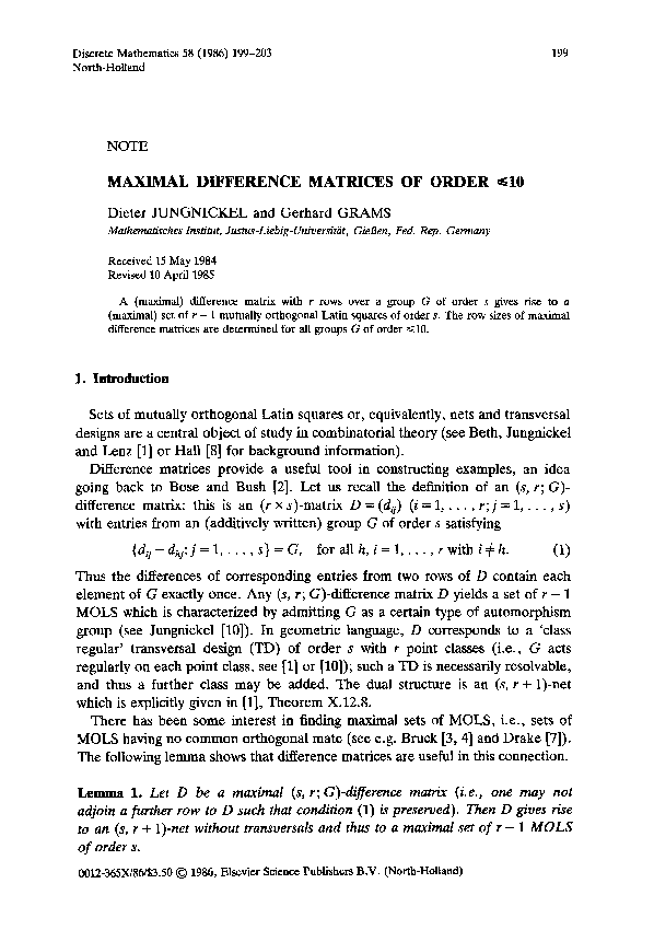 (PDF) Maximal difference matrices of order ⩽10