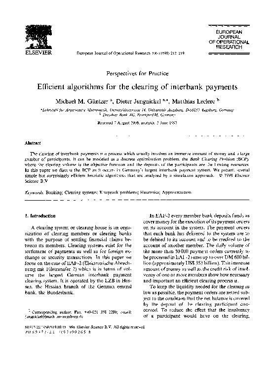 (PDF) Efficient algorithms for the clearing of interbank payments