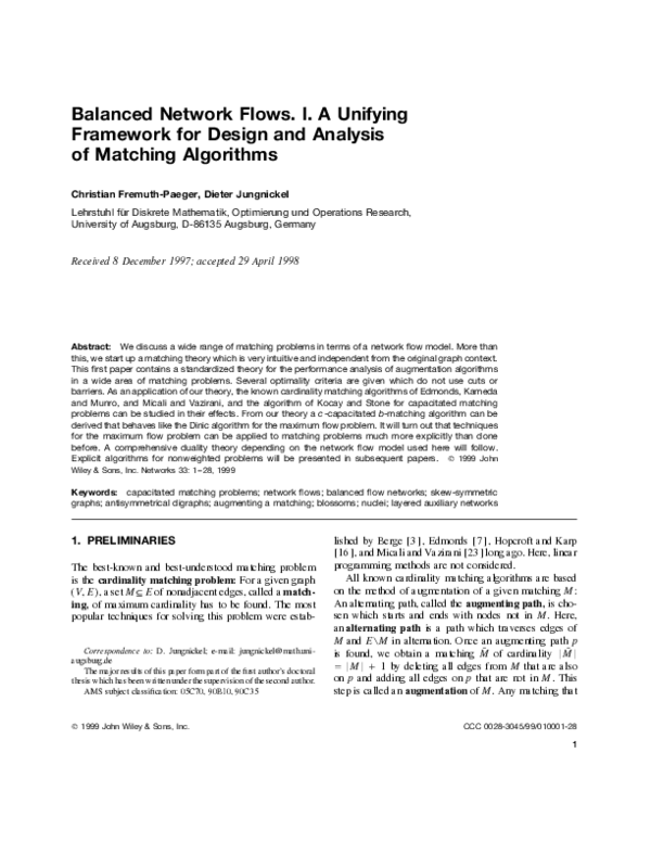 (PDF) Balanced network flows. I. A unifying framework for design and analysis of matching algorithms