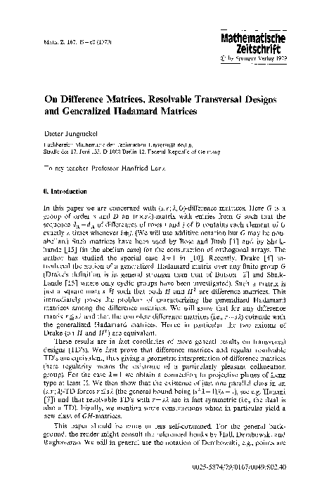 Pdf On Difference Matrices Resolvable Transversal Designs And