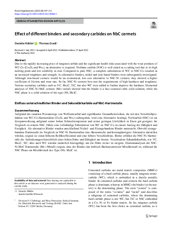 (PDF) Effect of different binders and secondary carbides on NbC cermets