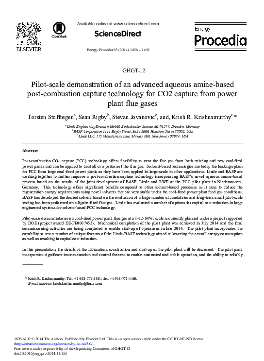 (PDF) Pilot-scale Demonstration of an Advanced Aqueous Amine-based Post-combustion Capture ...
