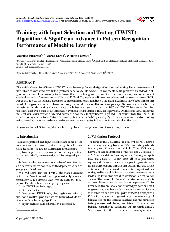 Pdf Training With Input Selection And Testing Twist Algorithm A 3066