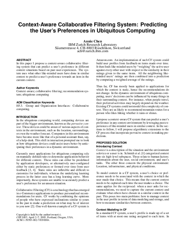 Pdf Context Aware Collaborative Filtering System