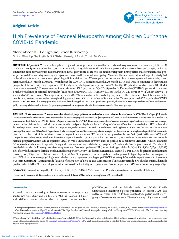 (PDF) High Prevalence of Peroneal Neuropathy Among Children During the ...