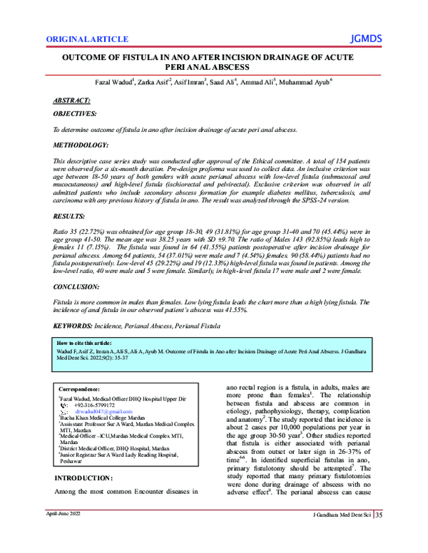 (PDF) Outcome of Fistula in Ano after Incision Drainage of Acute Peri Anal Abscess | Ammad Ali ...