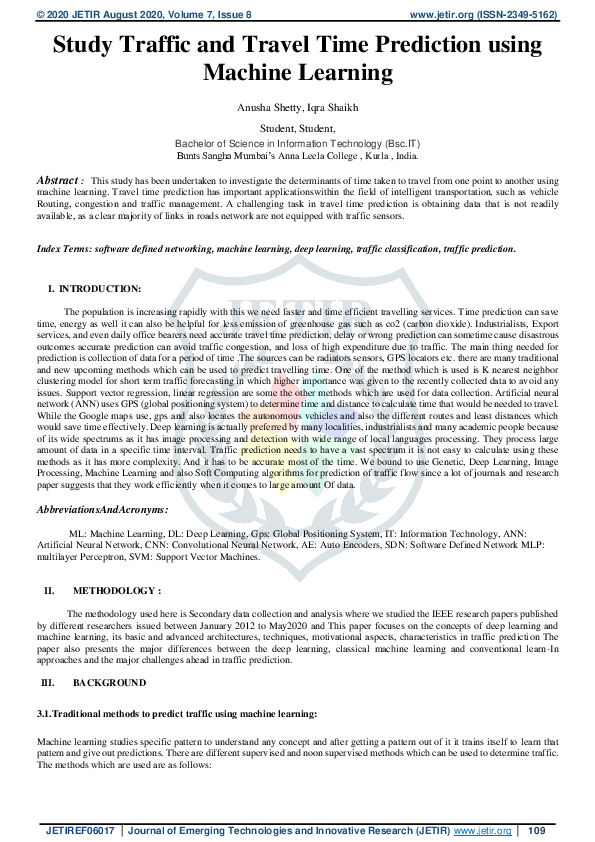 (PDF) Study Traffic and Travel Time Prediction using Machine Learning