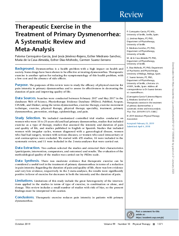 (PDF) Therapeutic Exercise in the Treatment of Primary Dysmenorrhea: A ...