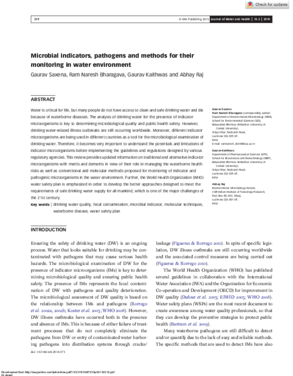 (PDF) Microbial indicators, pathogens and methods for their monitoring ...