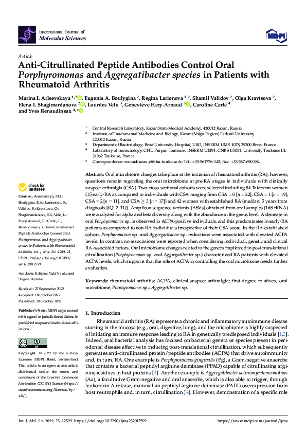 (PDF) Anti-Citrullinated Peptide Antibodies Control Oral Porphyromonas ...