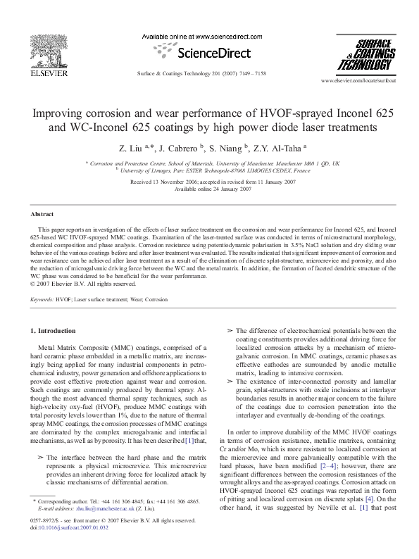 (PDF) Improving corrosion and wear performance of HVOF-sprayed Inconel ...