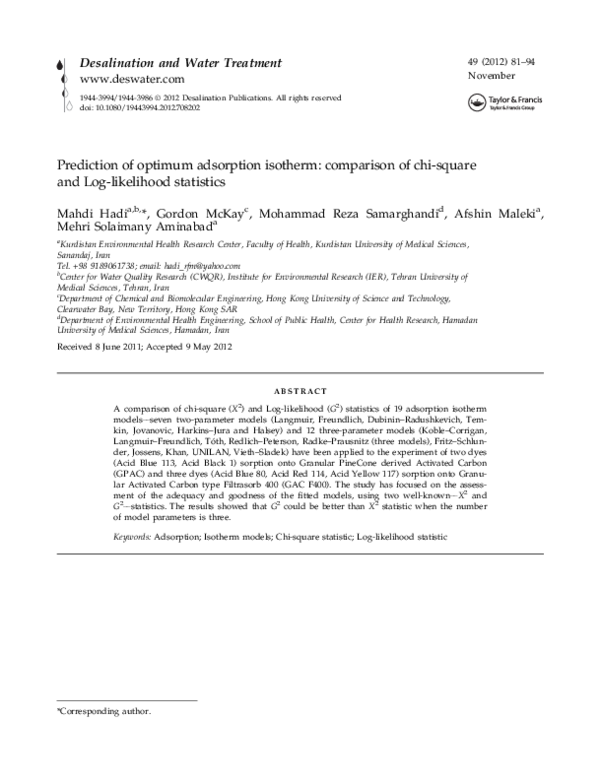 (PDF) Prediction of optimum adsorption isotherm: comparison of chi-square and Log-likelihood ...