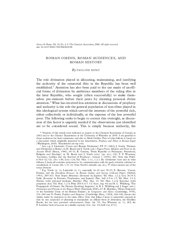 (PDF) Roman Omens, Roman Audiences, and Roman History