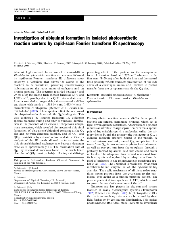 (PDF) Investigation of ubiquinol formation in isolated photosynthetic reaction centers by rapid ...
