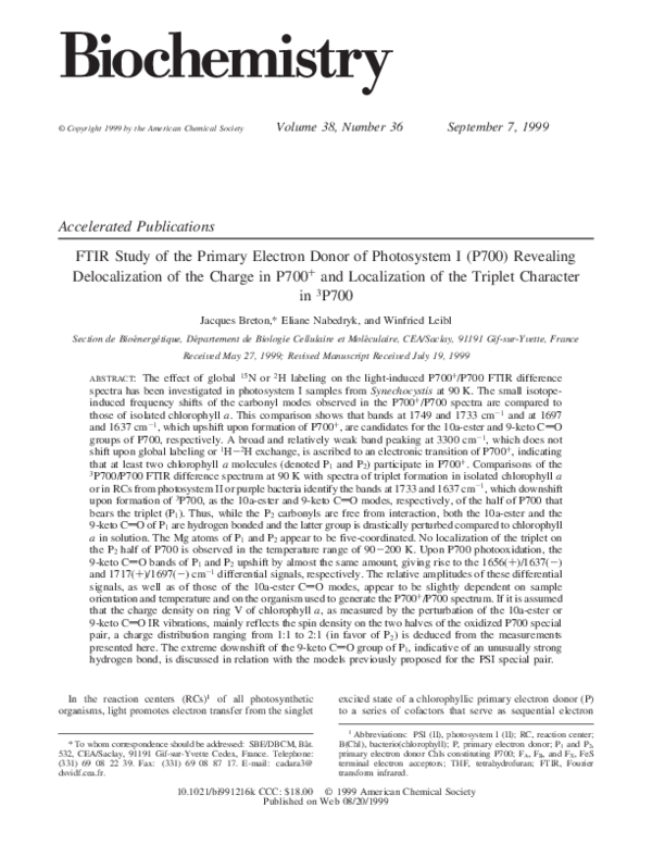(PDF) FTIR Study of the Primary Electron Donor of Photosystem I (P700 ...