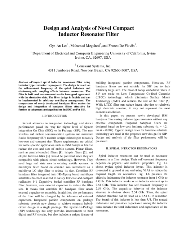 (PDF) Design and analysis of novel compact inductor resonator filter