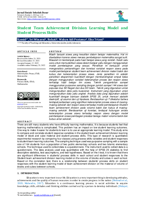 (PDF) Student Team Achievement Division Learning Model and Student Process Skills