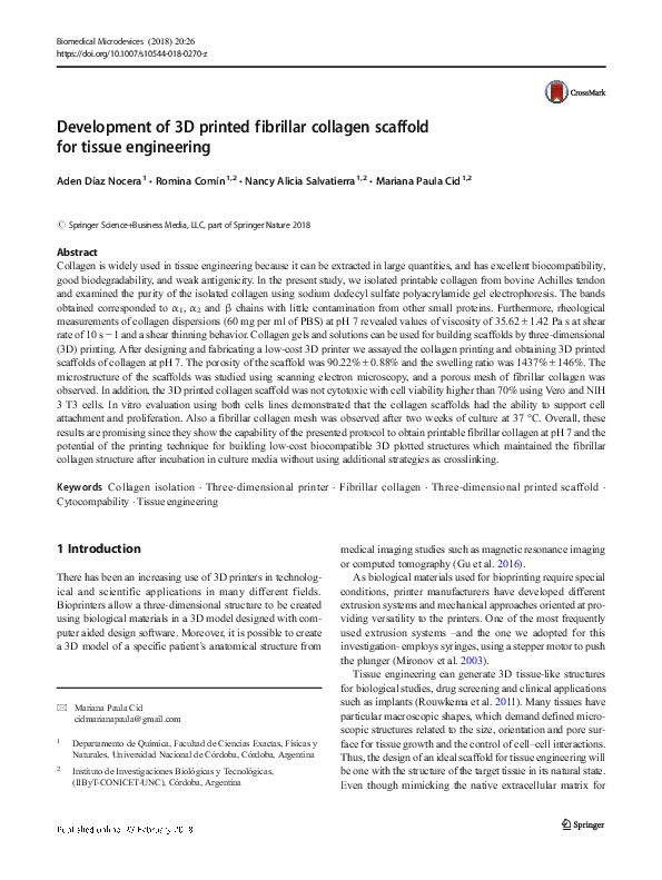 (PDF) Development of 3D printed fibrillar collagen scaffold for tissue ...