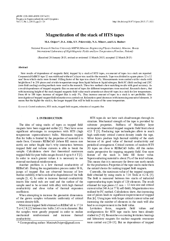 (PDF) Magnetization of the stack of HTS tapes | Igor Rudnev - Academia.edu