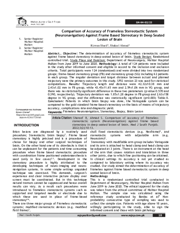 Pdf Comparison Of Accuracy Of Frameless Stereotactic System
