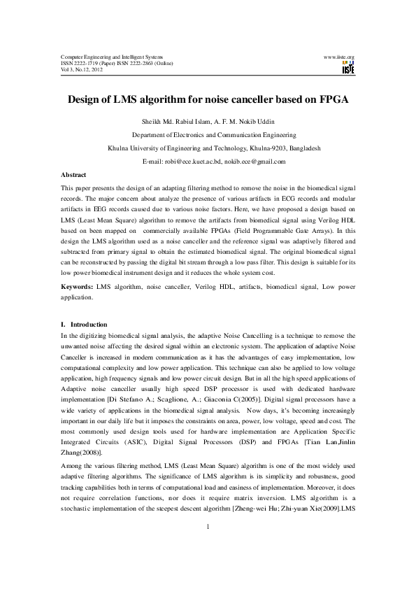 (PDF) Design of LMS algorithm for noise canceller based on FPGA | MD Rabiul Islam - Academia.edu