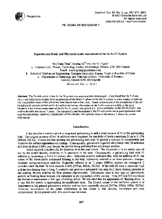 (PDF) Experimental study and thermodynamic assessment of the Zn-Fe-Ni system
