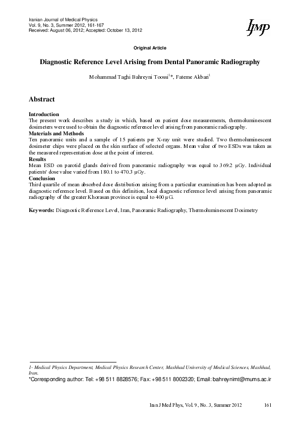 (PDF) Diagnostic Reference Level Arising from Dental Panoramic Radiography