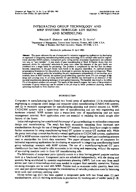 Pdf Integrating Group Technology And Mrp Systems Through Lot Sizing And Scheduling