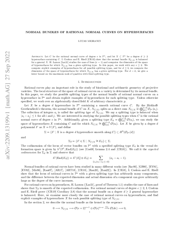 (PDF) Normal Bundles of Rational Normal Curves on Hypersurfaces