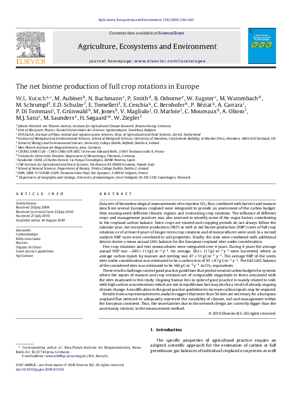 (PDF) The net biome production of full crop rotations in Europe | Matt ...