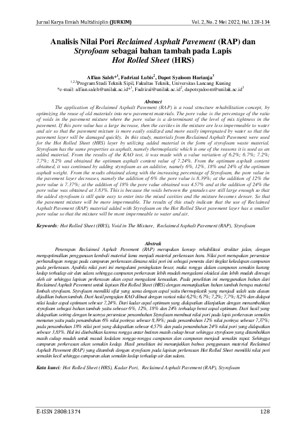 (PDF) Analisis Nilai Pori Reclaimed Asphalt Pavement (RAP) dan ...