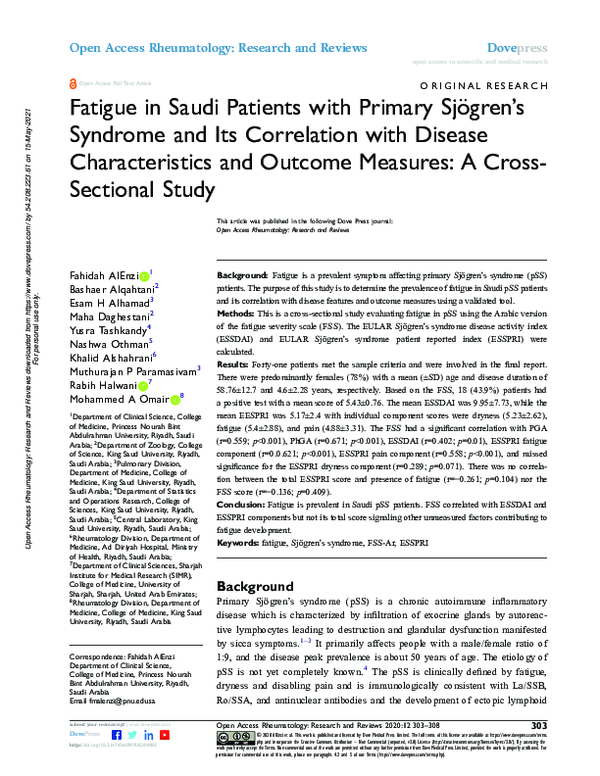 (PDF) Fatigue in Saudi Patients with Primary Sjögren’s Syndrome and Its Correlation with Disease ...