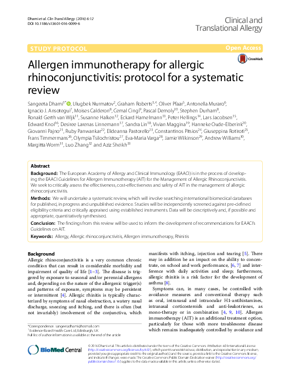(PDF) Allergen immunotherapy for allergic rhinoconjunctivitis: protocol for a systematic review ...