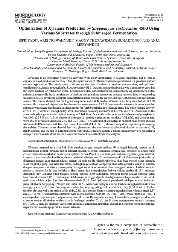 (PDF) Optimization of Xylanase Production by Streptomyces costaricanus 45I-3 Using Various ...