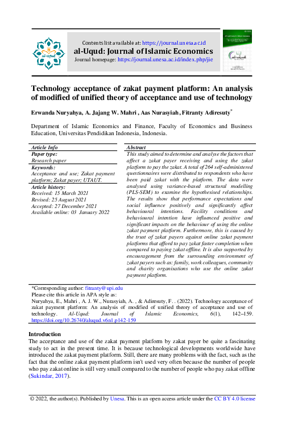 (PDF) Technology acceptance of zakat payment platform: An analysis of modified of unified theory ...