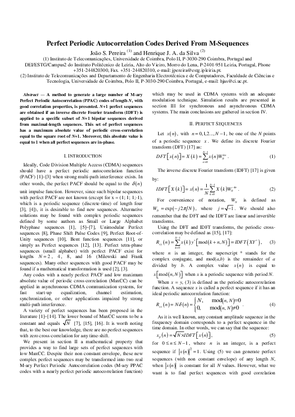 (PDF) Perfect Periodic Autocorrelation Codes Derived From M-Sequences