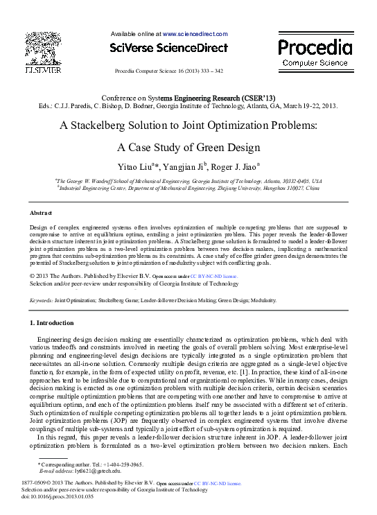 (PDF) A Stackelberg Solution to Joint Optimization Problems: A Case Study of Green Design