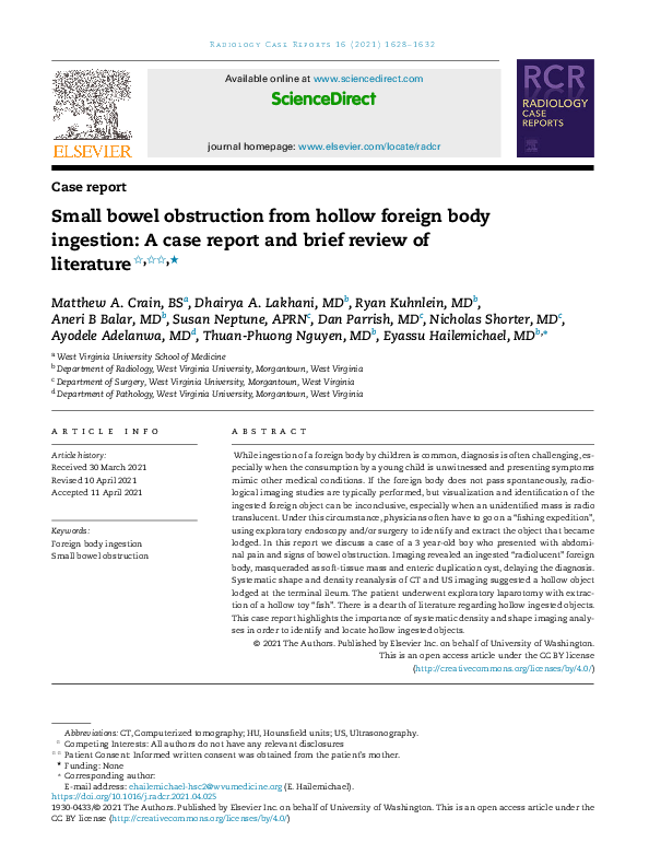 (PDF) Small bowel obstruction from hollow foreign body ingestion: A ...