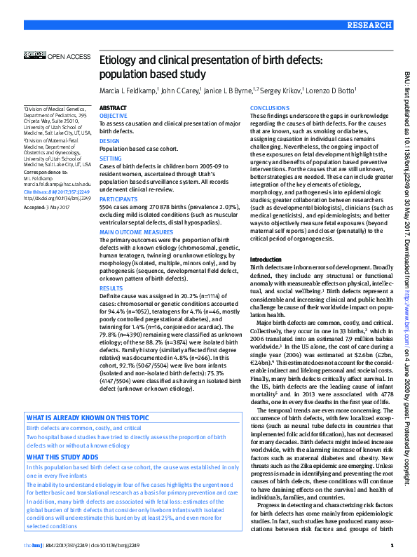 (PDF) Etiology and clinical presentation of birth defects: population ...