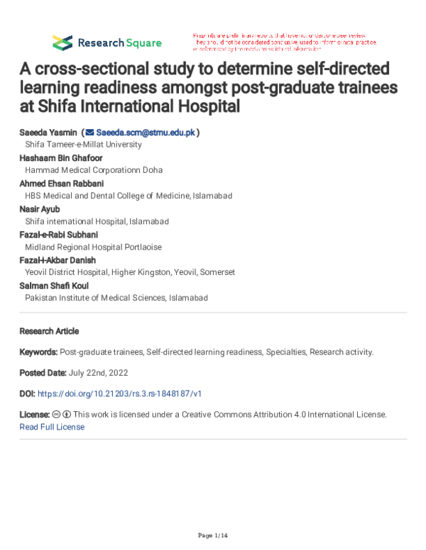 (PDF) A cross-sectional study to determine self-directed learning readiness amongst post ...