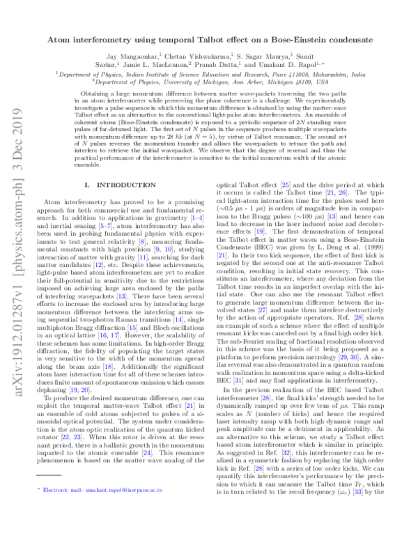 (PDF) Atom interferometry using temporal Talbot effect on a Bose ...