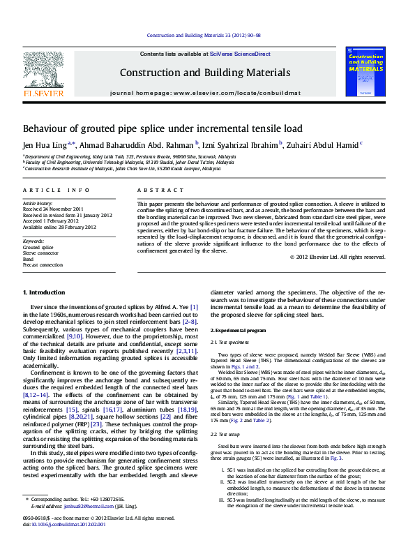 (PDF) Behaviour of grouted pipe splice under incremental tensile load