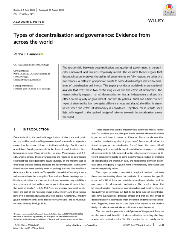 (PDF) Types of decentralisation and governance: Evidence from across ...