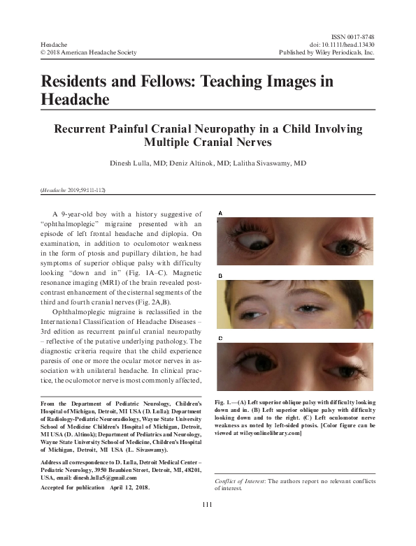 (PDF) Recurrent Painful Cranial Neuropathy in a Child Involving ...