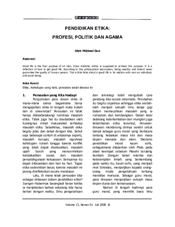 (PDF) Pendidikan Etika: Professi, Politik dan Agama